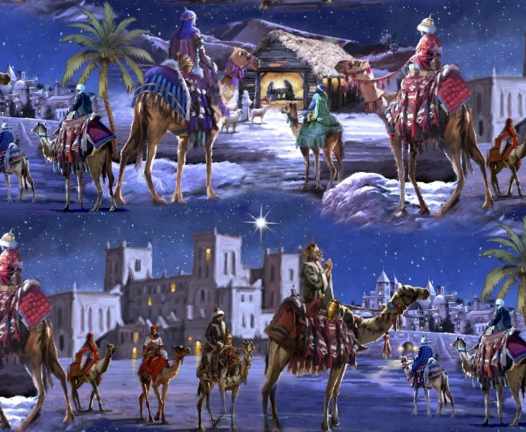 3 Wishes Fabric Christmas Let us Adore Him Nativity Stripe 100% Cotton ...